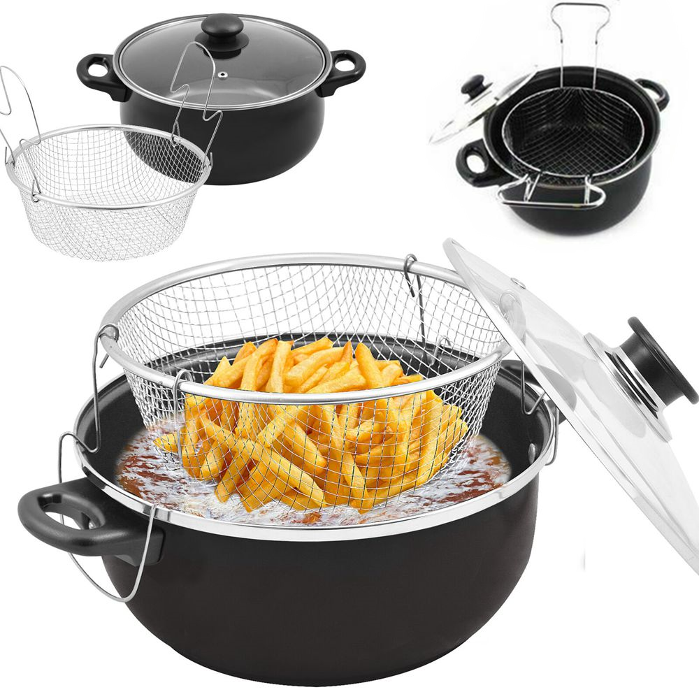 OW Large 24cm Chip Pan Deep Fat Fryer Cooking Pot Frying Basket With ...