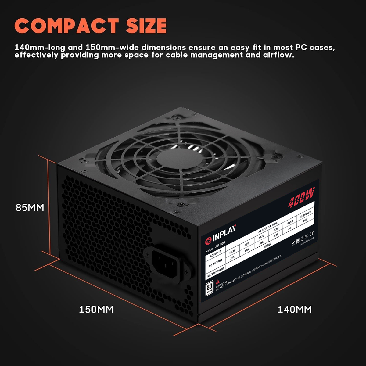 Inplay 400W ATX PSU 80 Efficiency Rated 400W Long Wire PSU For Desktop ...