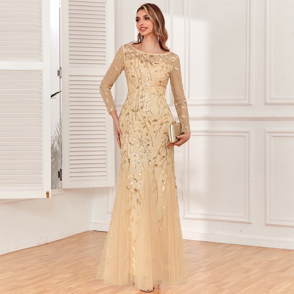 Rhian Long-sleeved round-neck full-lined back zipper fishtail skirt ...