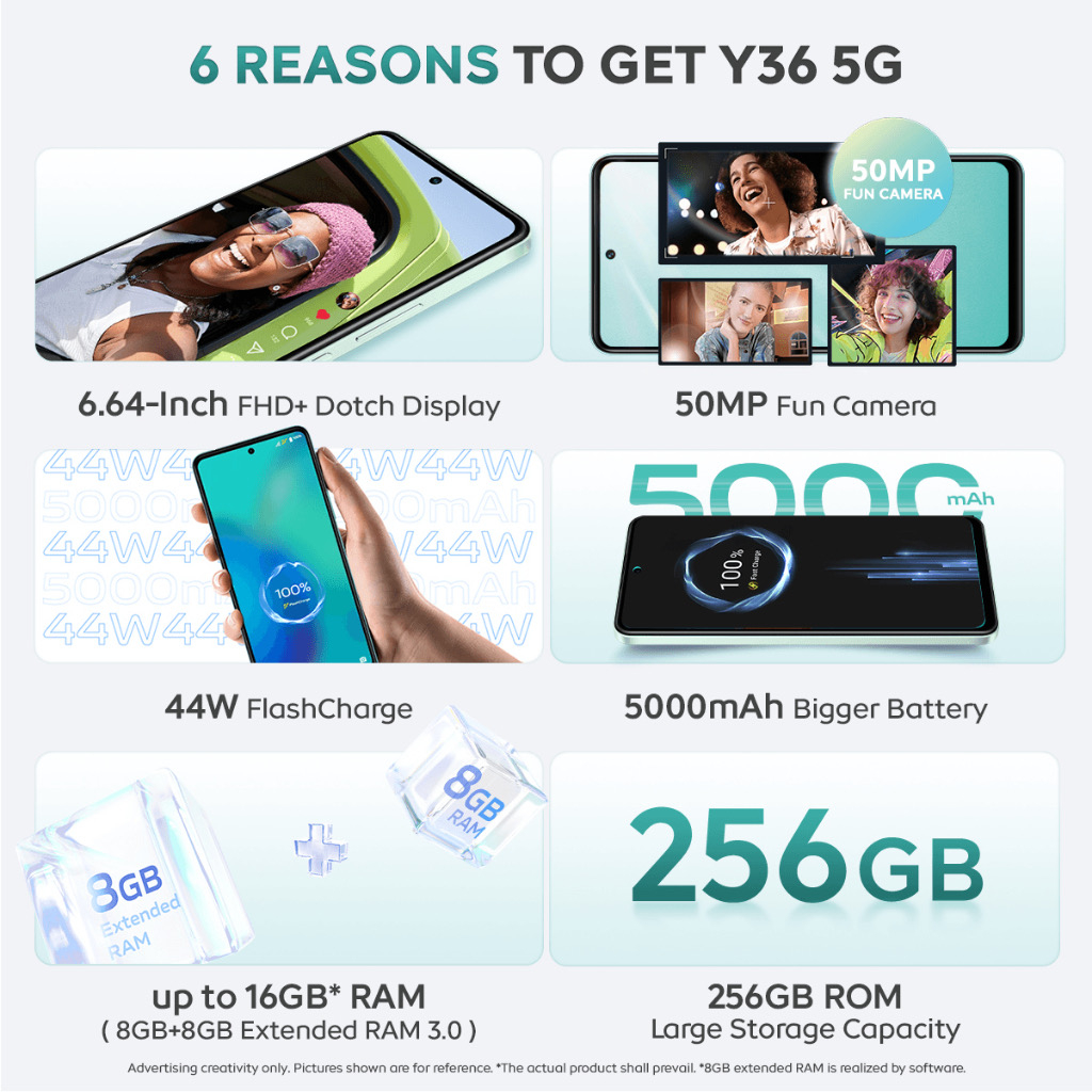 Y36 5G 8GB RAM +256GB ROM Smartphone 44W FlashCharge + 5000 mAh 50MP Fun Camera 6.64" F | Shopee ...