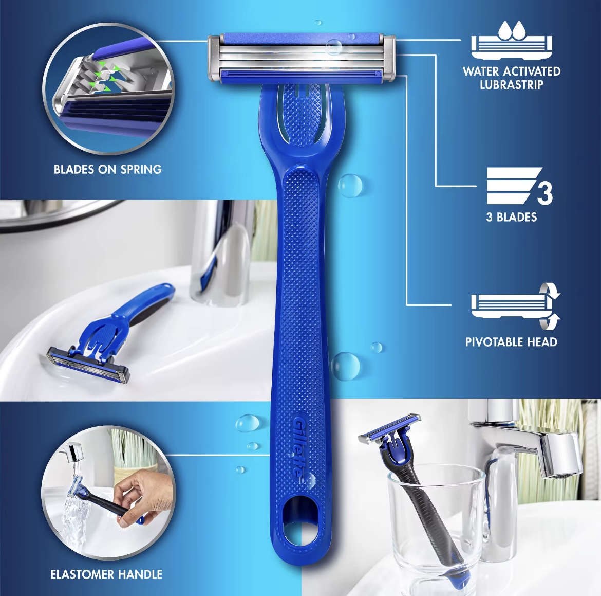Gillette Blue 3 Flexi Comfort Disposable Razor Shave 2 Pieces Blister ...