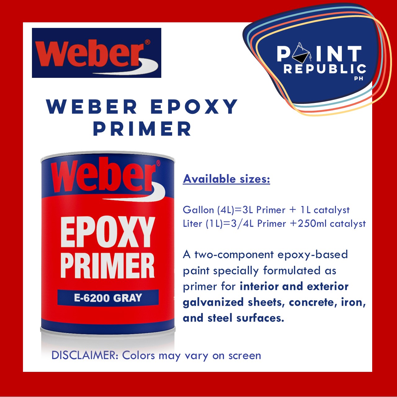 WEBER EPOXY PRIMER with Catalyst - Gallon (3L) + 1L Catalyst = 4Liters ...