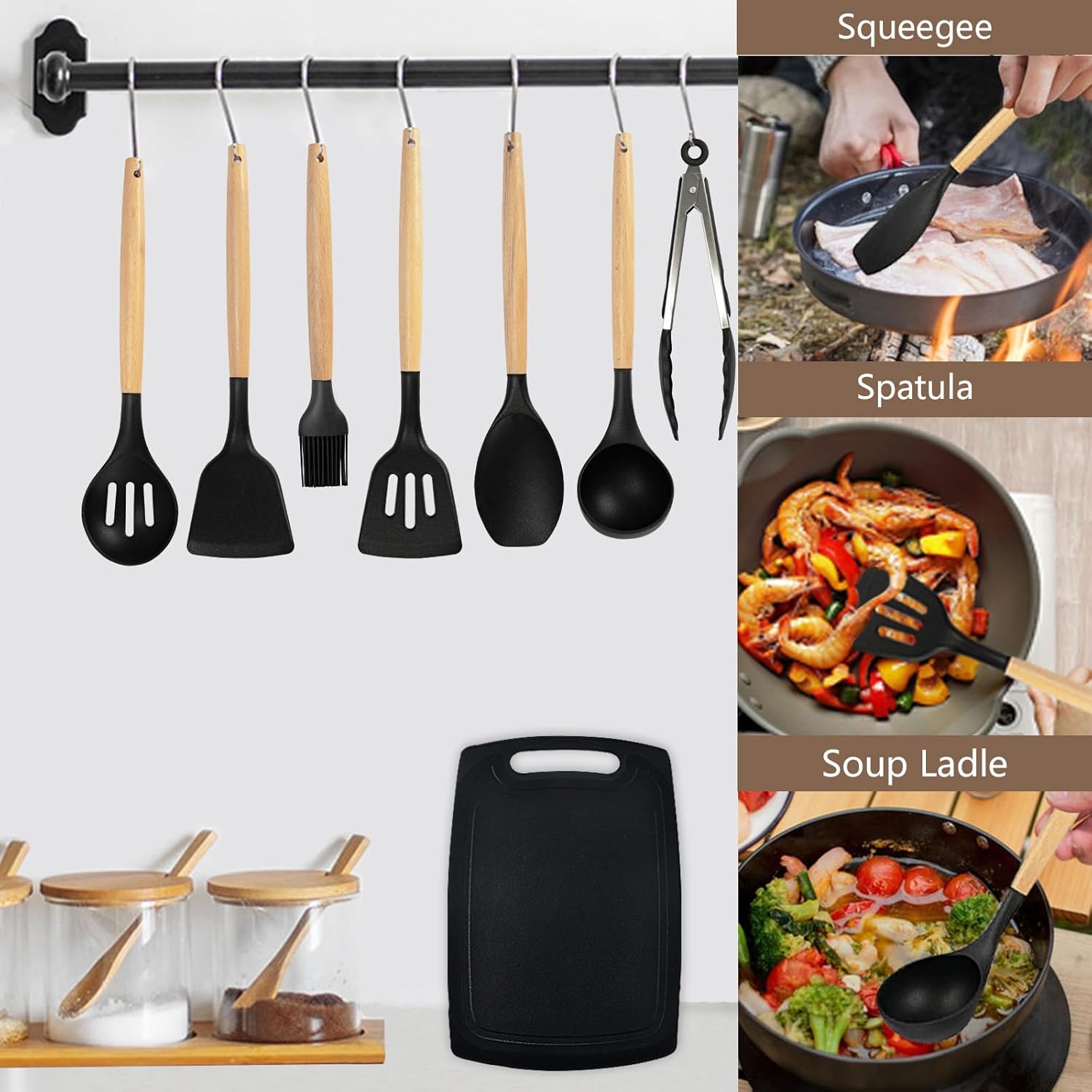 19pcs Silicone Kitchen Utensil Kit with Wooden Handle Non-stick Heat ...