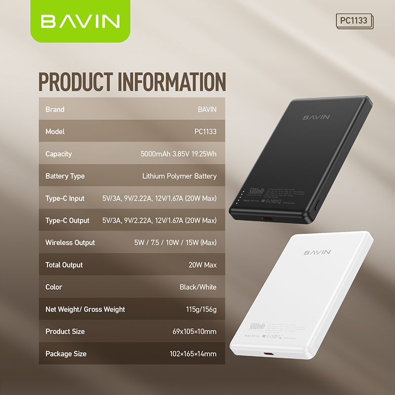 BAVIN PC1133 5000mAh Ultra Thin Magnetic Wireless Powerbank w/ 20W Type ...