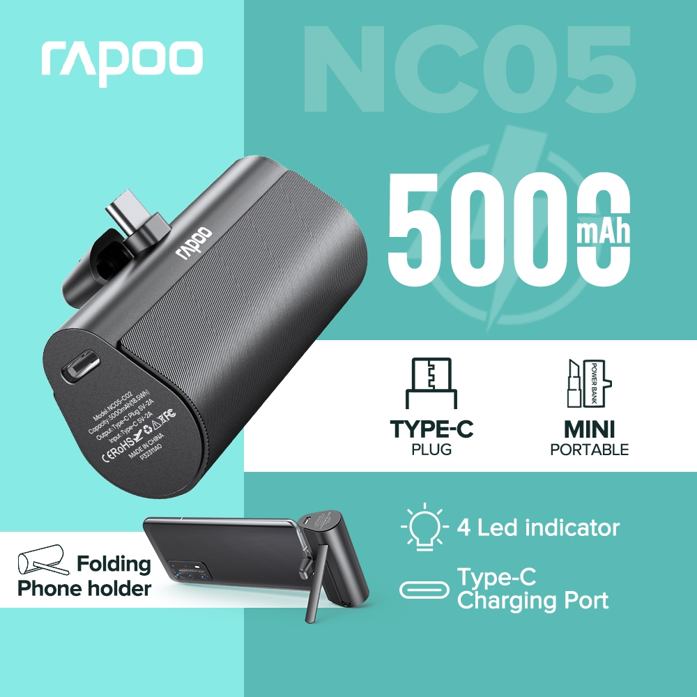Rapoo NC05 5000mAh Type C and Light Ning Mini Portable Powerbank with ...