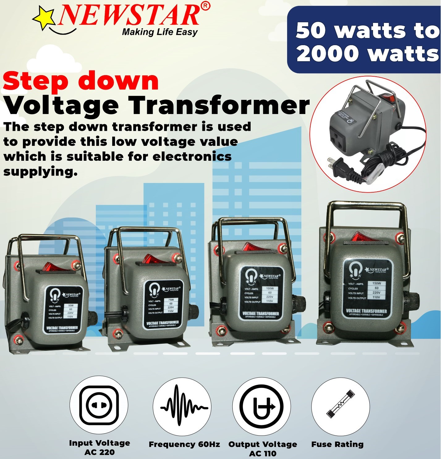 Newstar Step Down Transformer 220VAC In 110VAC Out 100Watts NVT-W100/E ...