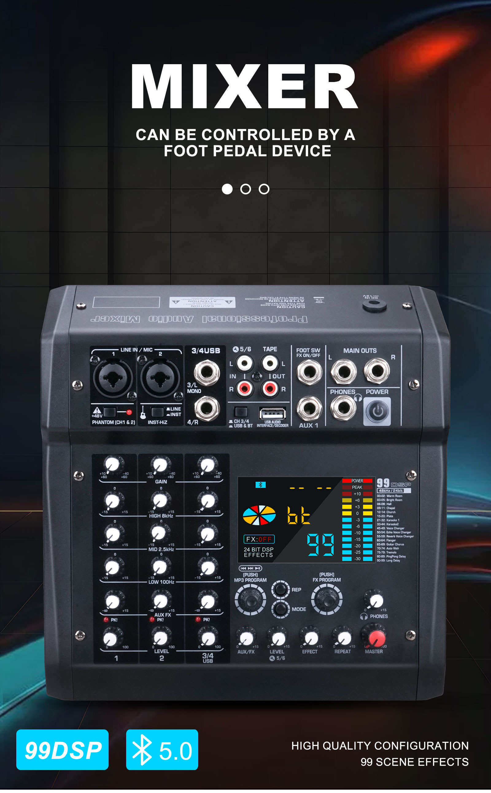 99 effects pedal instrument mixer 4 Channel Audio Interface DJ Mixer ...