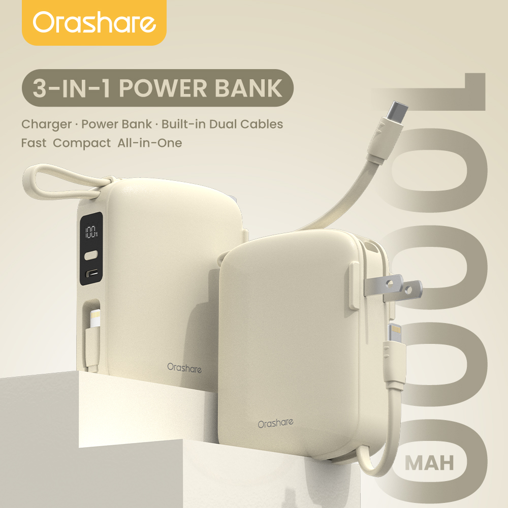 Orashare AC10 10000mAh 3-in-1 Power Bank with Foldable AC Plug, Built ...