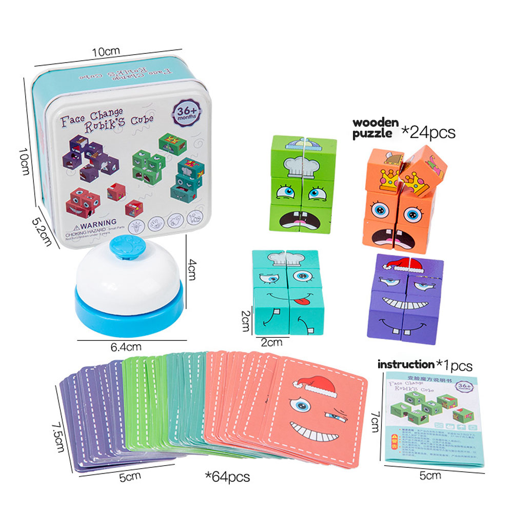 64pc Wooden Face-Changing Educational Toy Expression Puzzle Building ...