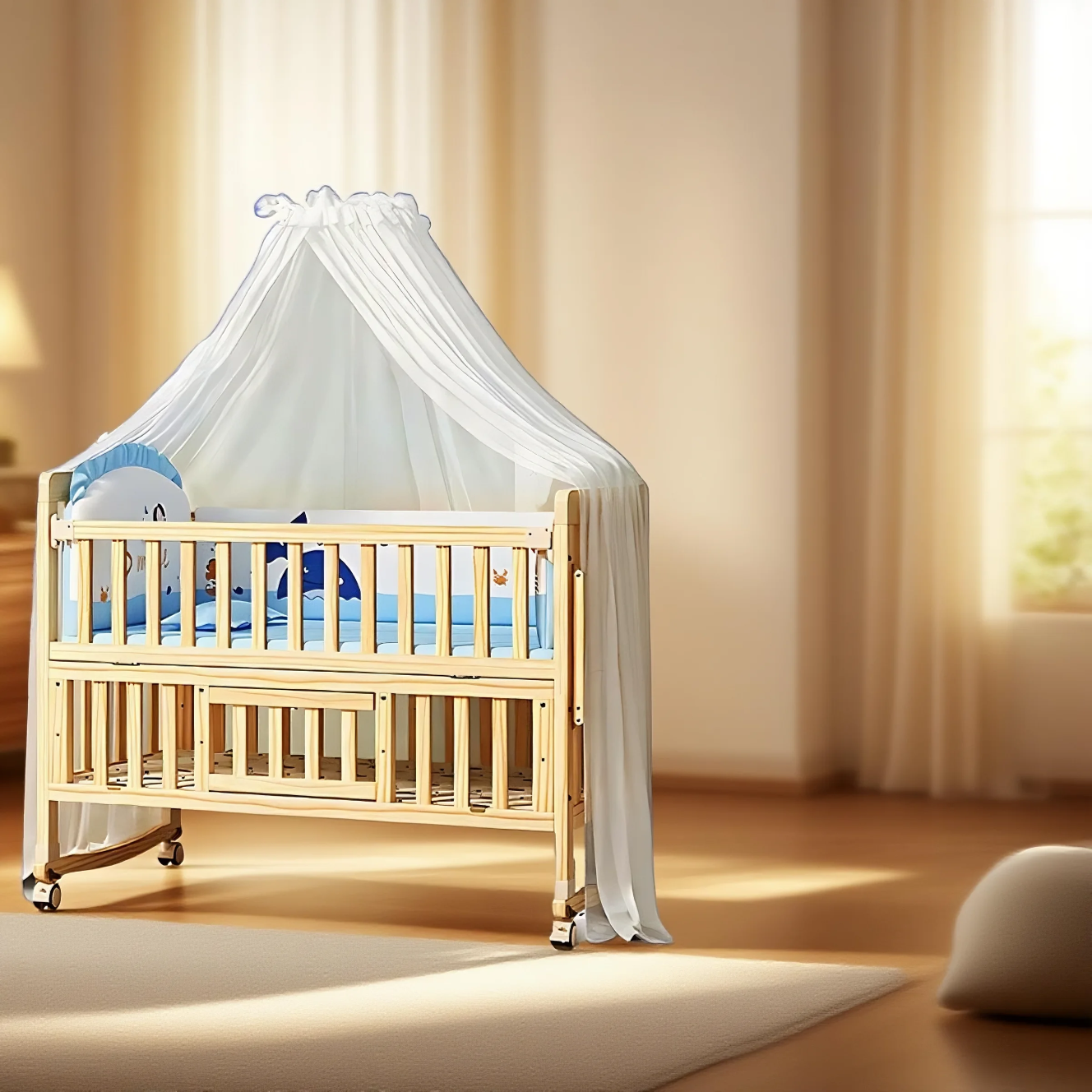 7in1 Solid Wood Baby Crib Convertible Crib with Mosquito Net and ...