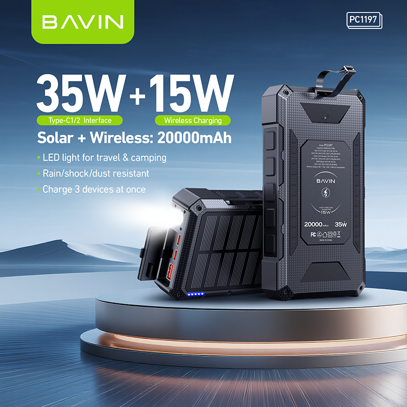 BAVIN PC1197 20000mAh Solar Powerbank 35W Type-C Fast & 15W Wireless ...