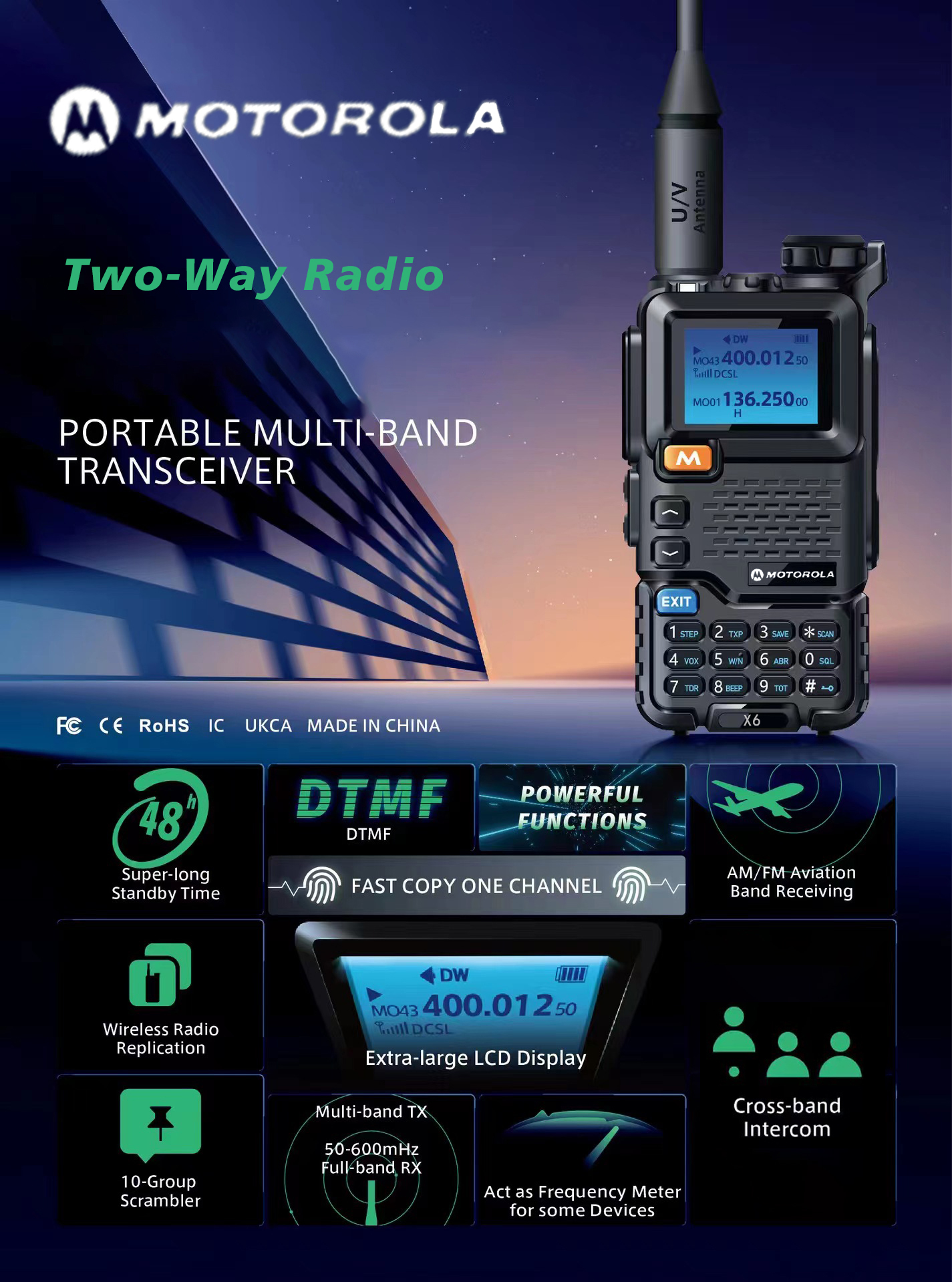 MOTOROLA X6 Walkie talkie FM radio AM Aviation frequency 10W high power ...