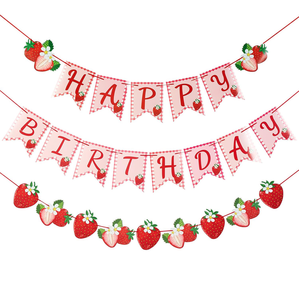 3Pcs Sweet Strawberry Happy Birthday Banner Cute Strawberry Banner ...