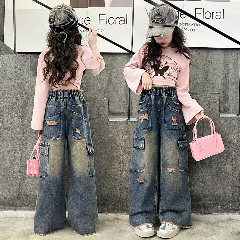 Ripped Cargo Jeans for Kids Girl Black 4Multi-pockets Wide-leg Jeans ...