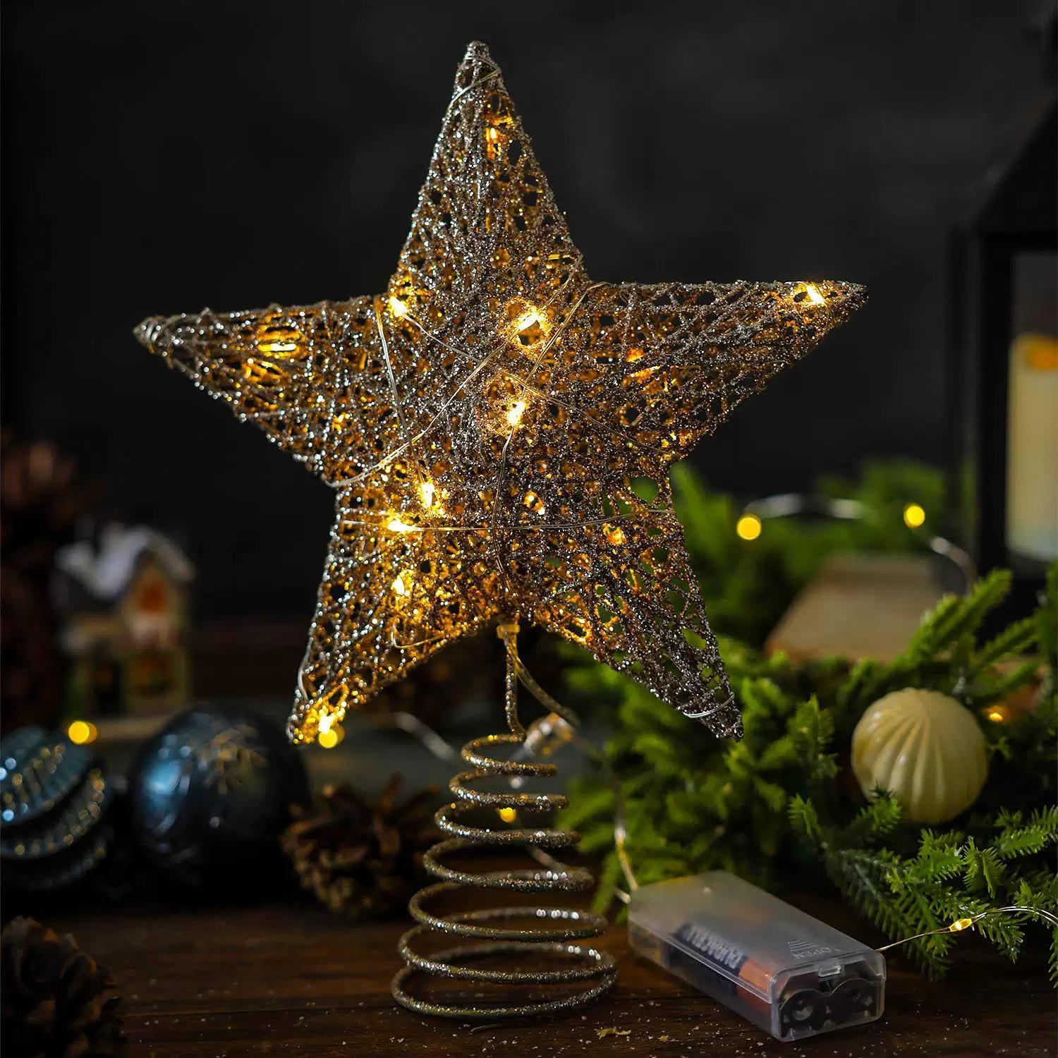 8 inch Christmas Gold Glitter Star Tree Toppers with 20 LED Lights for ...