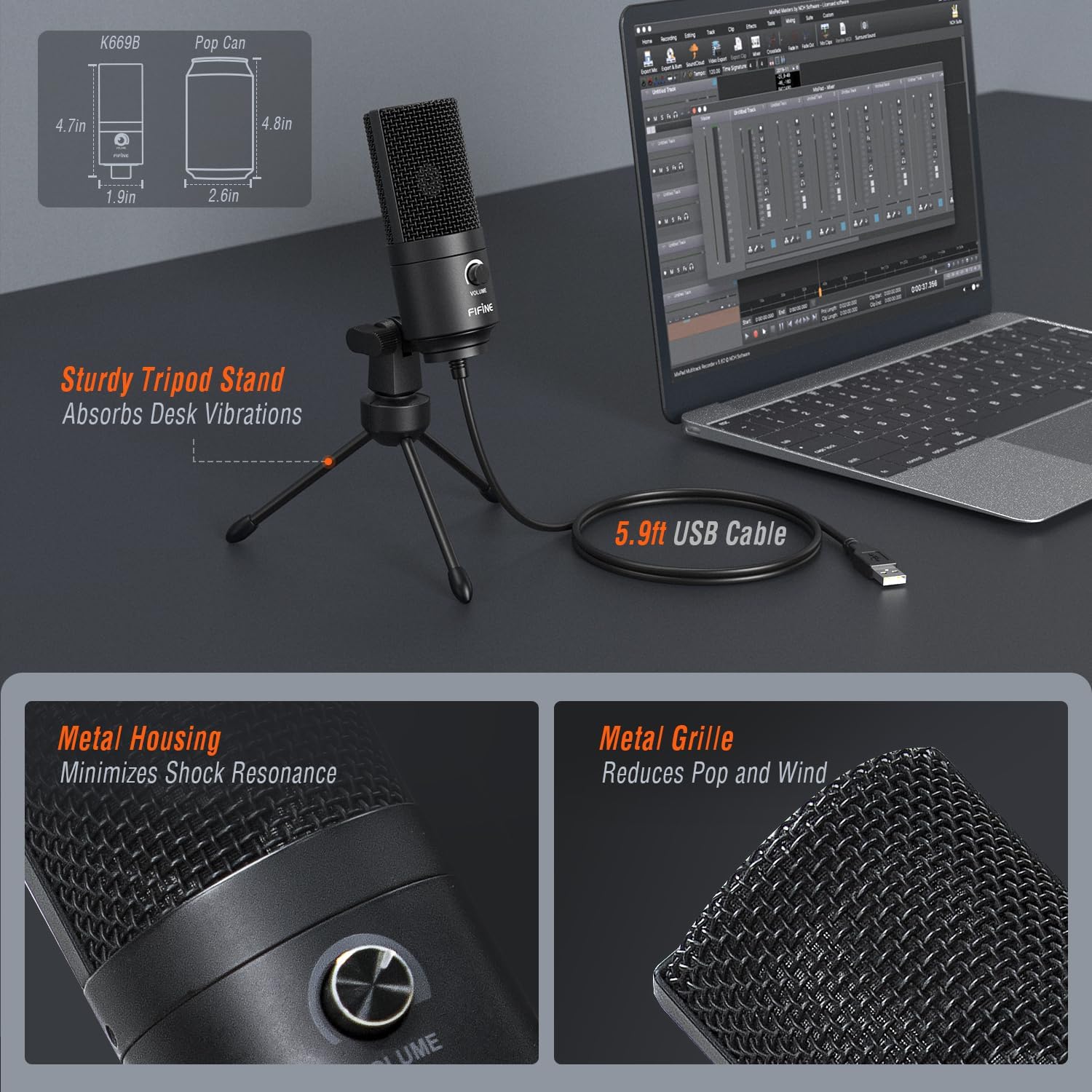 FIFINE K669B USB Microphone Metal Condenser Recording Microphone for ...