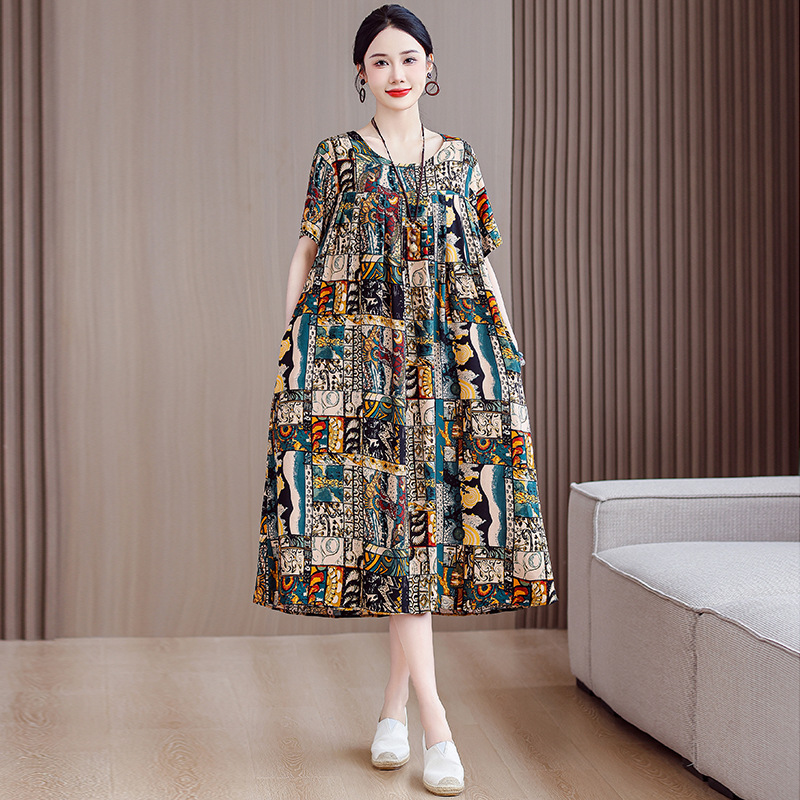 M-3XL Woman Oversize Casual Floral Dress Loose Retro Print Long ...
