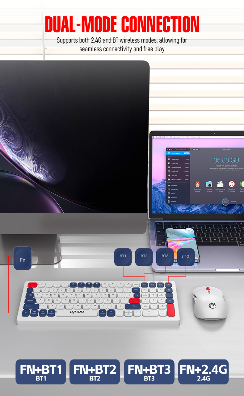 Raiku R906 Wireless Keyboard Mouse Set - 2.4G/BT Scissor Keys 100 Keys ...