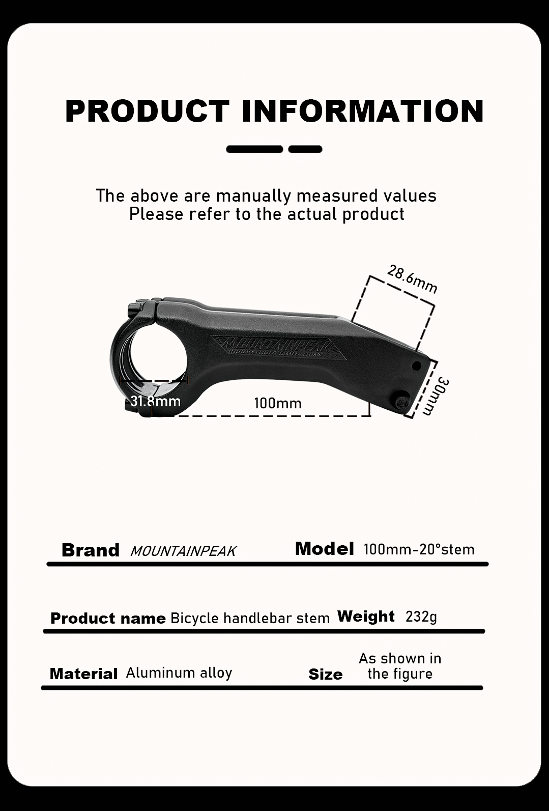 Mountainpeak Bicycle Long Stem 100Mm 31.8M Negative 20° MTB Road Bike ...