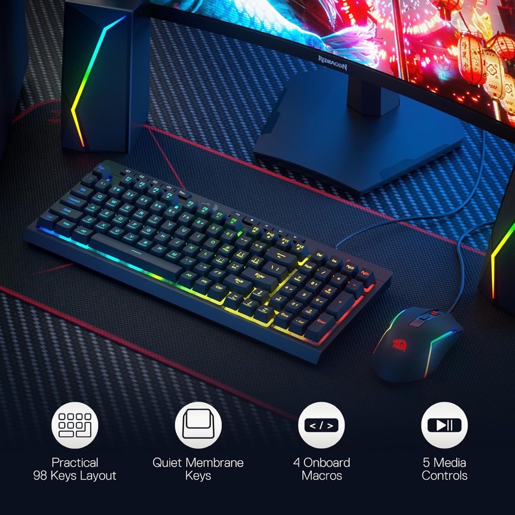 Redragon S141 RYLO RGB Gaming Keyboard & Mouse Combo, 98 Keys Wired RGB ...