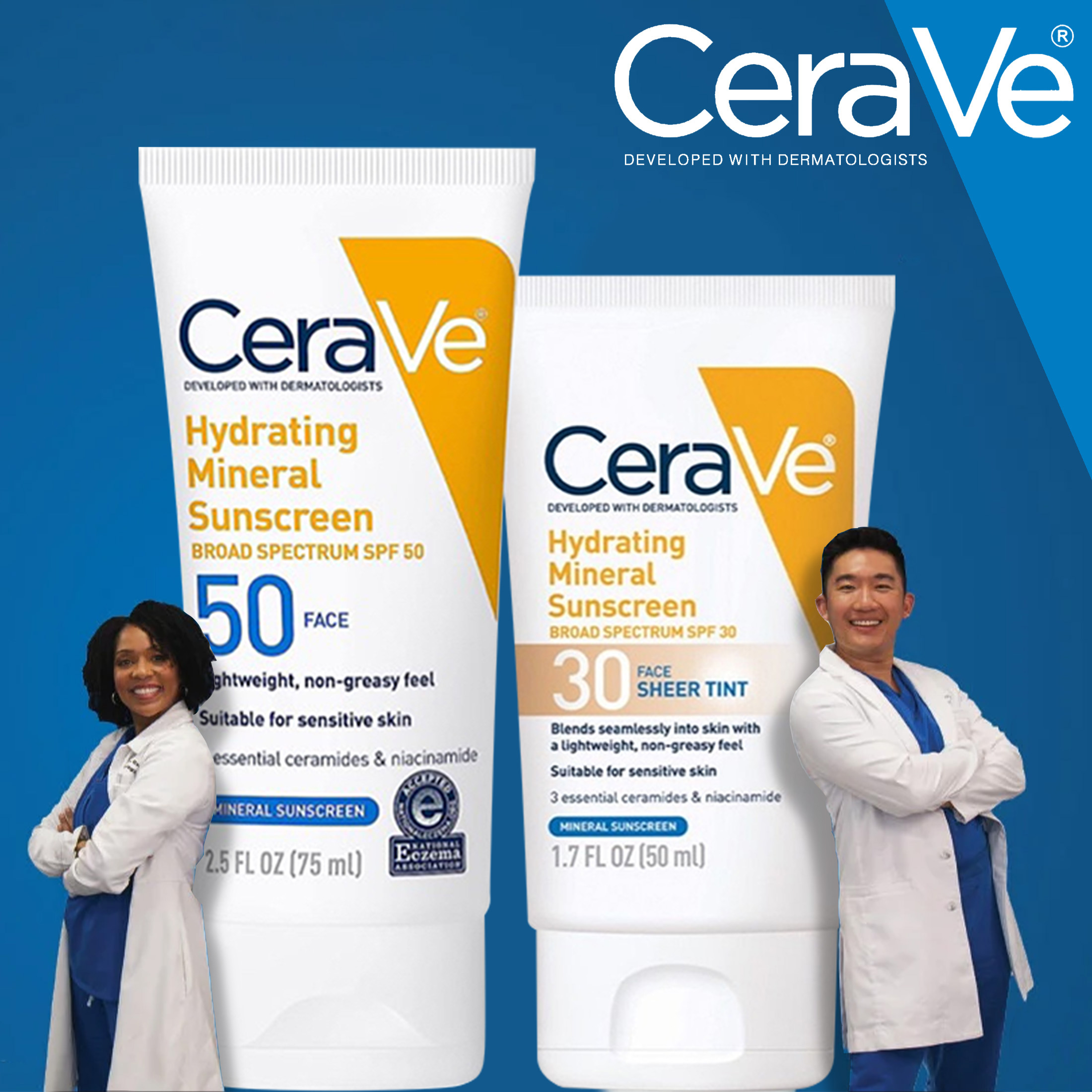 CeraVe Hydrating Mineral Sunscreen SPF 30/50 Sunblock Cream for ...