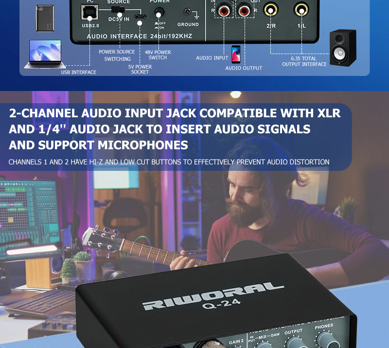 Audio Interface 24Bit/96kHz Used for Pc With XlR / 1/4 Inch Jack 2 ...