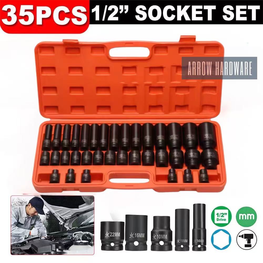 35Pcs Impact Socket Set 1/2" Drive Master Deep Impact Socket Set 8-32mm Metric 6 Point | Shopee ...