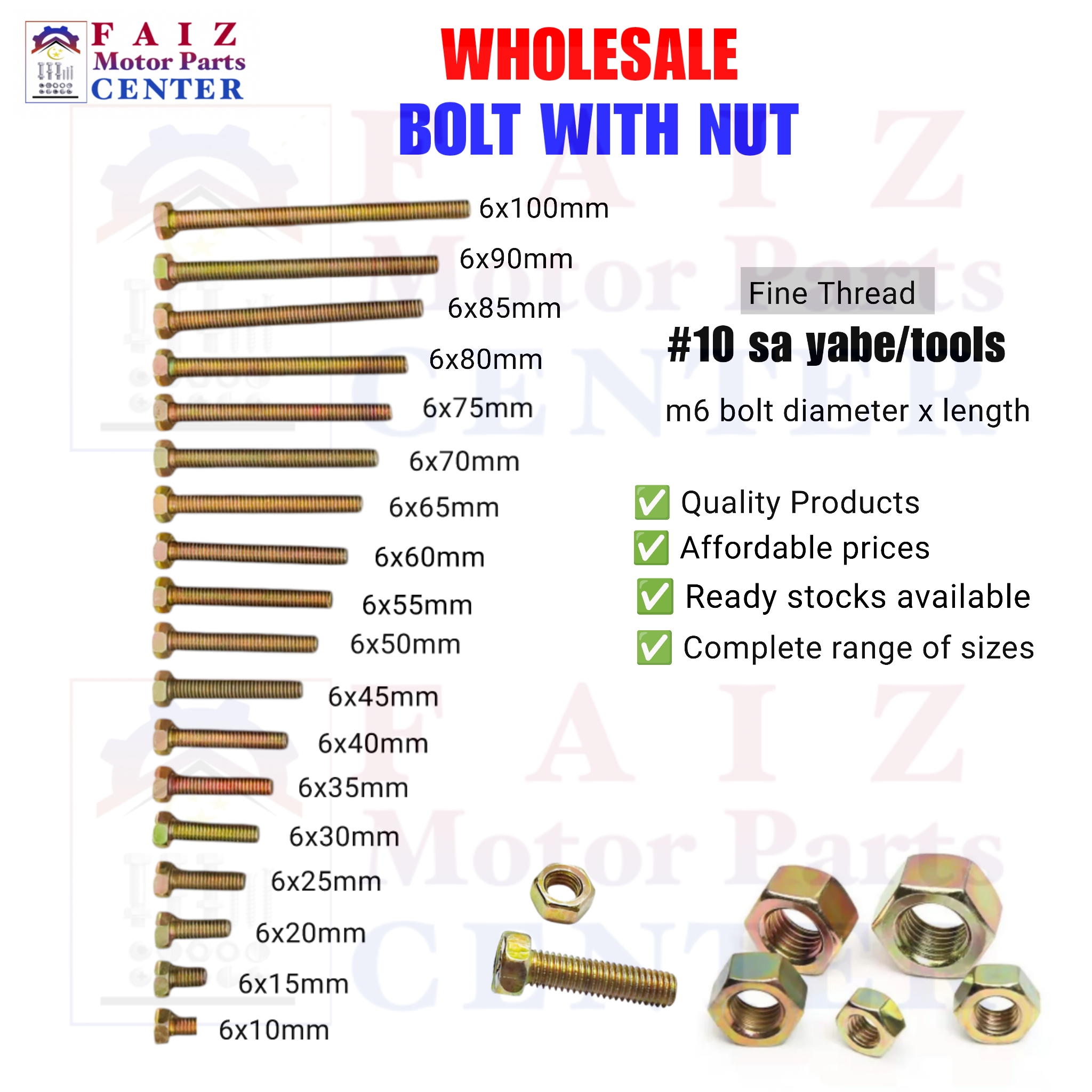BH. 6x10mm up to 6x120mm (#10 sa yabe /tools)GOLD PLATED HEX BOLT WITH ...
