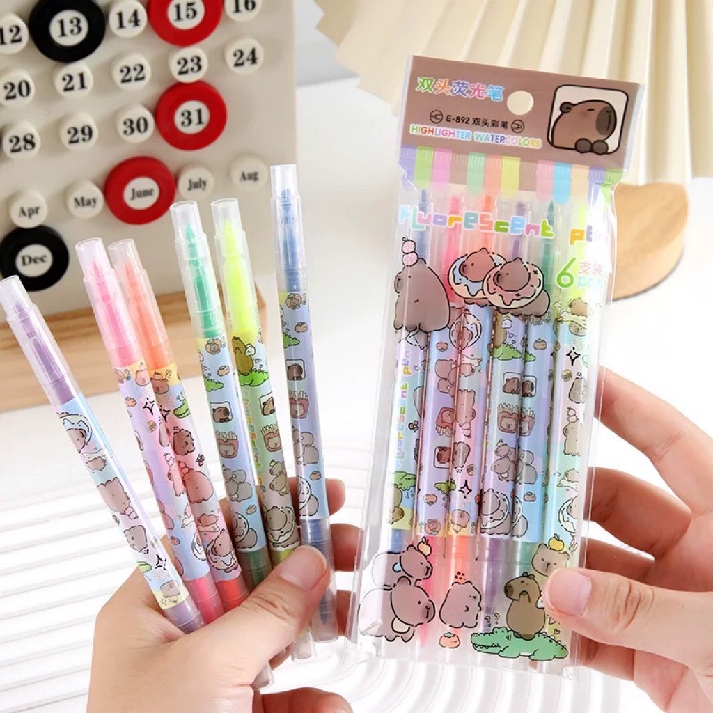 6pcs Dual Tip Highlighter Pen BTS Kuromi Hello Kitty Spiderman Capybara ...