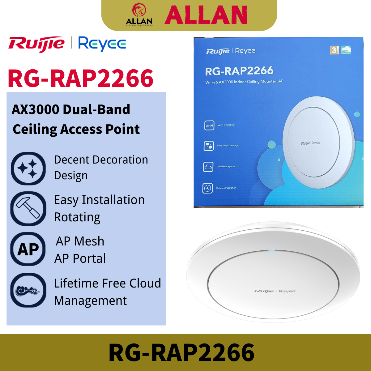 RUIJIE REYEE RG-RAP2266 Reyee Wi-Fi 6 AX3000 Indoor Ceiling-Mount ...