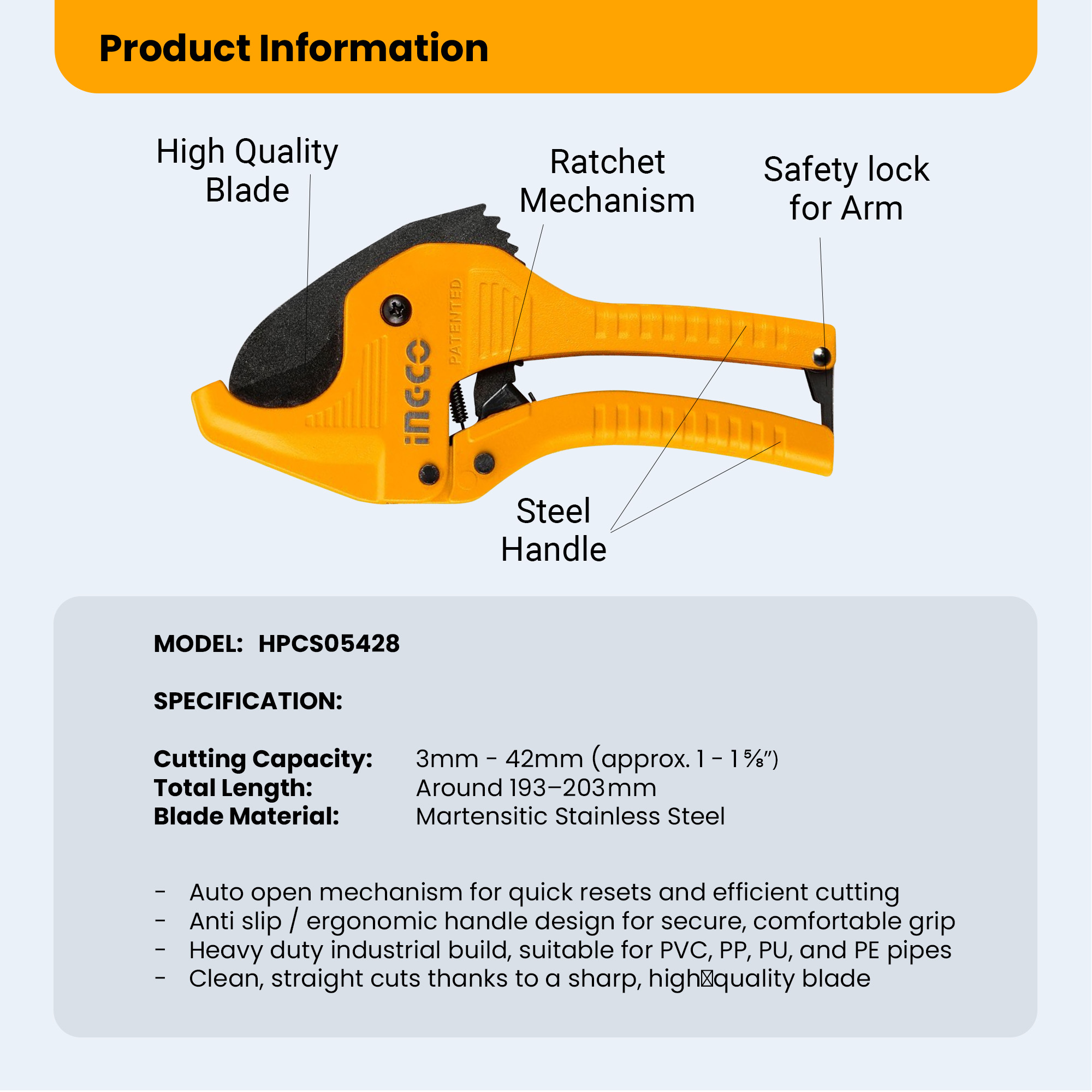 Ingco HPCS05428 PPR PVC Pipe Cutter 3-42mm with Automatic Opening Mode ...