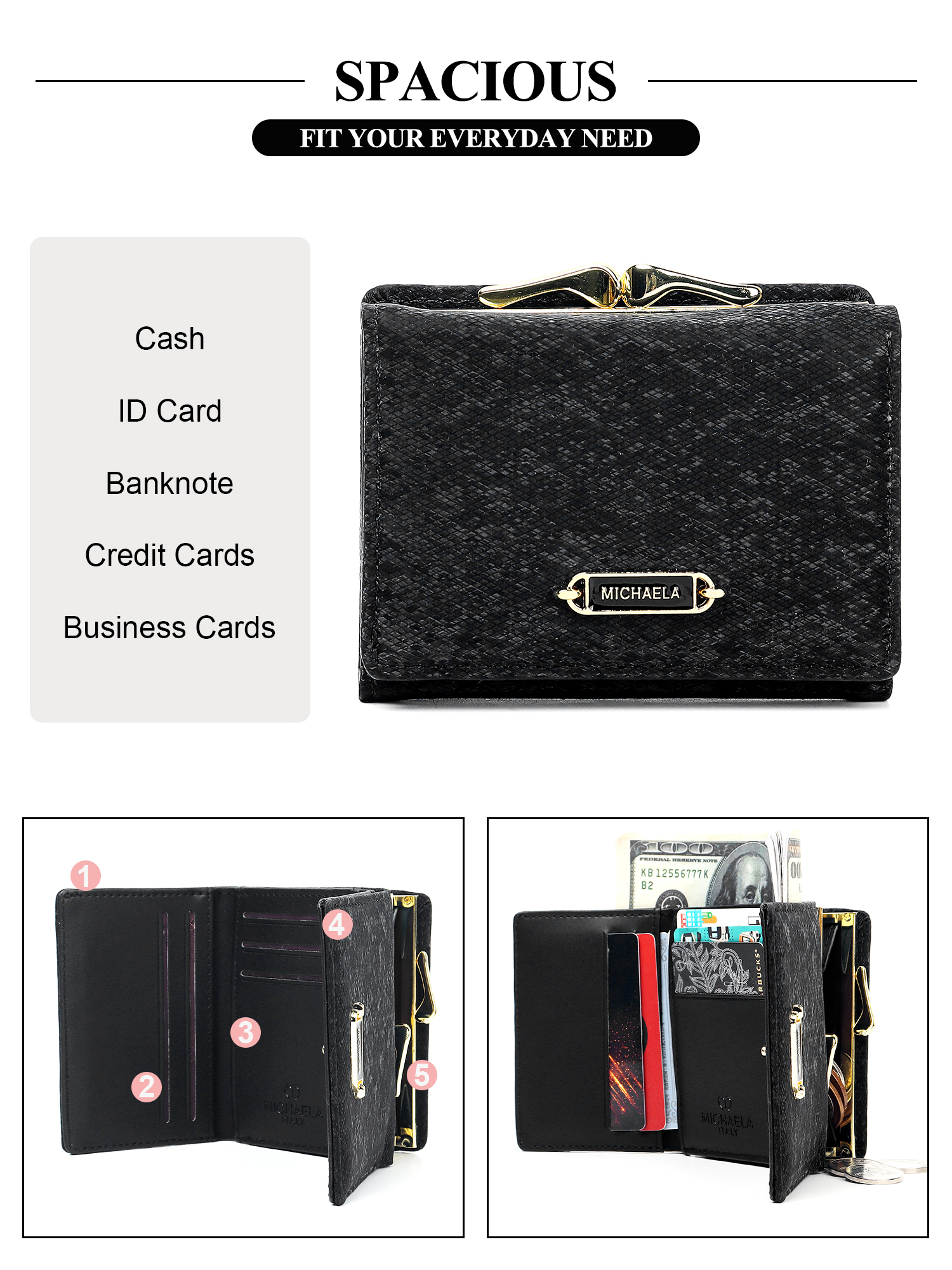 MICHAELA Silky Texture Trifold Wallet with Kiss Lock Purse Feminine for ...