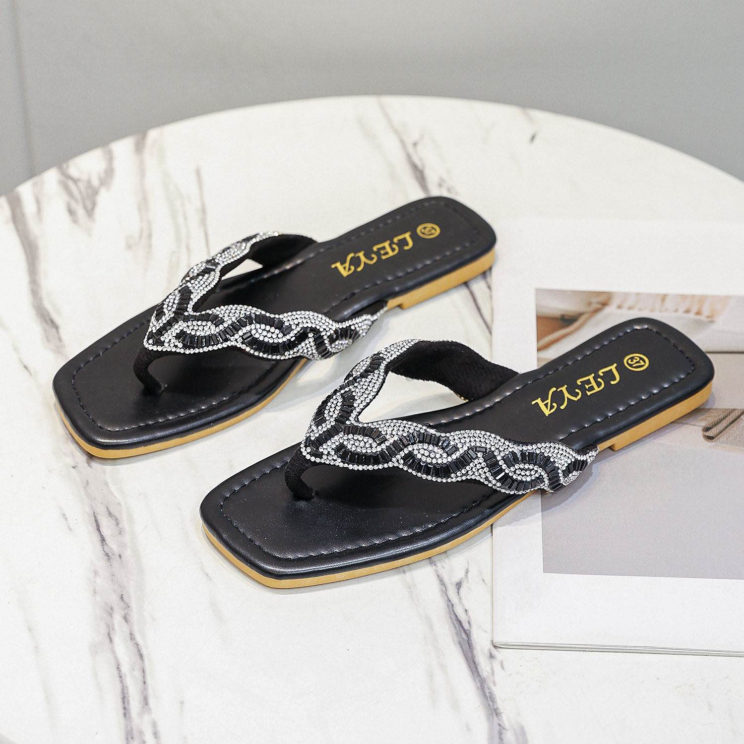 LEYA Ladies new elegant and durable sequined upper decorated slippers ...