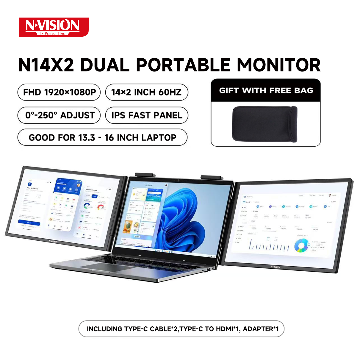 Nvision N14X2 Laptop Screen Extender 14" Laptop Dual Monitor FHD IPS ...