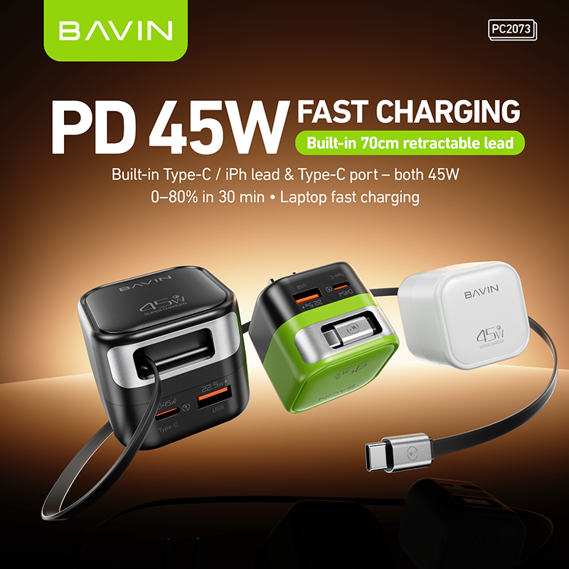 BAVIN PC2073 45W PD Fast Charger w/70cm Retractable Cable Supports for ...