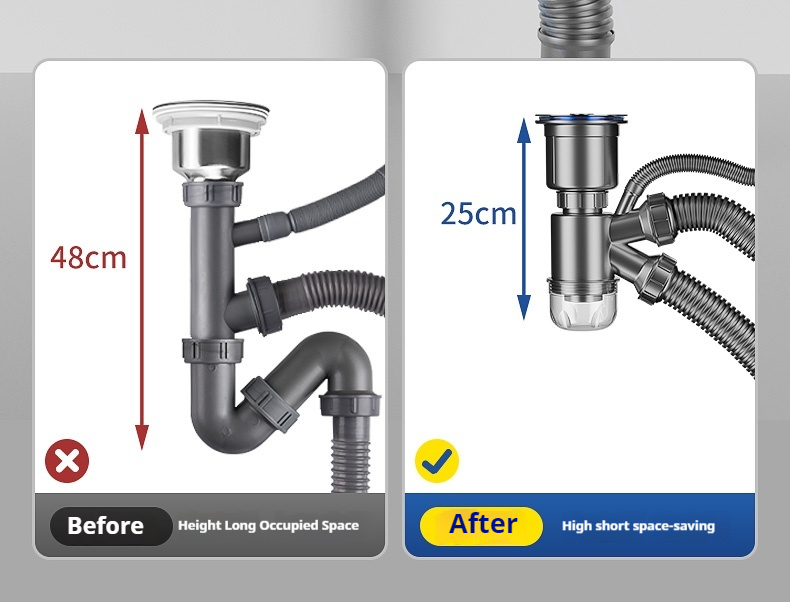 sus304 Sink Drainer P Trap Set Pipe Accessory Double Sink Drain Pipe ...