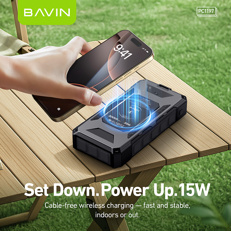 BAVIN PC1197 20000mAh Solar Powerbank 35W Type-C Fast & 15W Wireless Charging w/LED Light, 3 ...