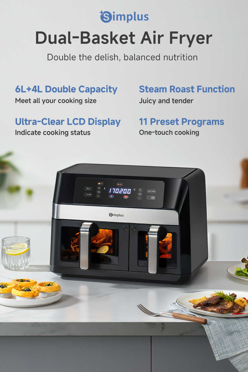 Simplus Air Fryer Dual Baskets 10L Ultra Large Capacity LCD Screen ...