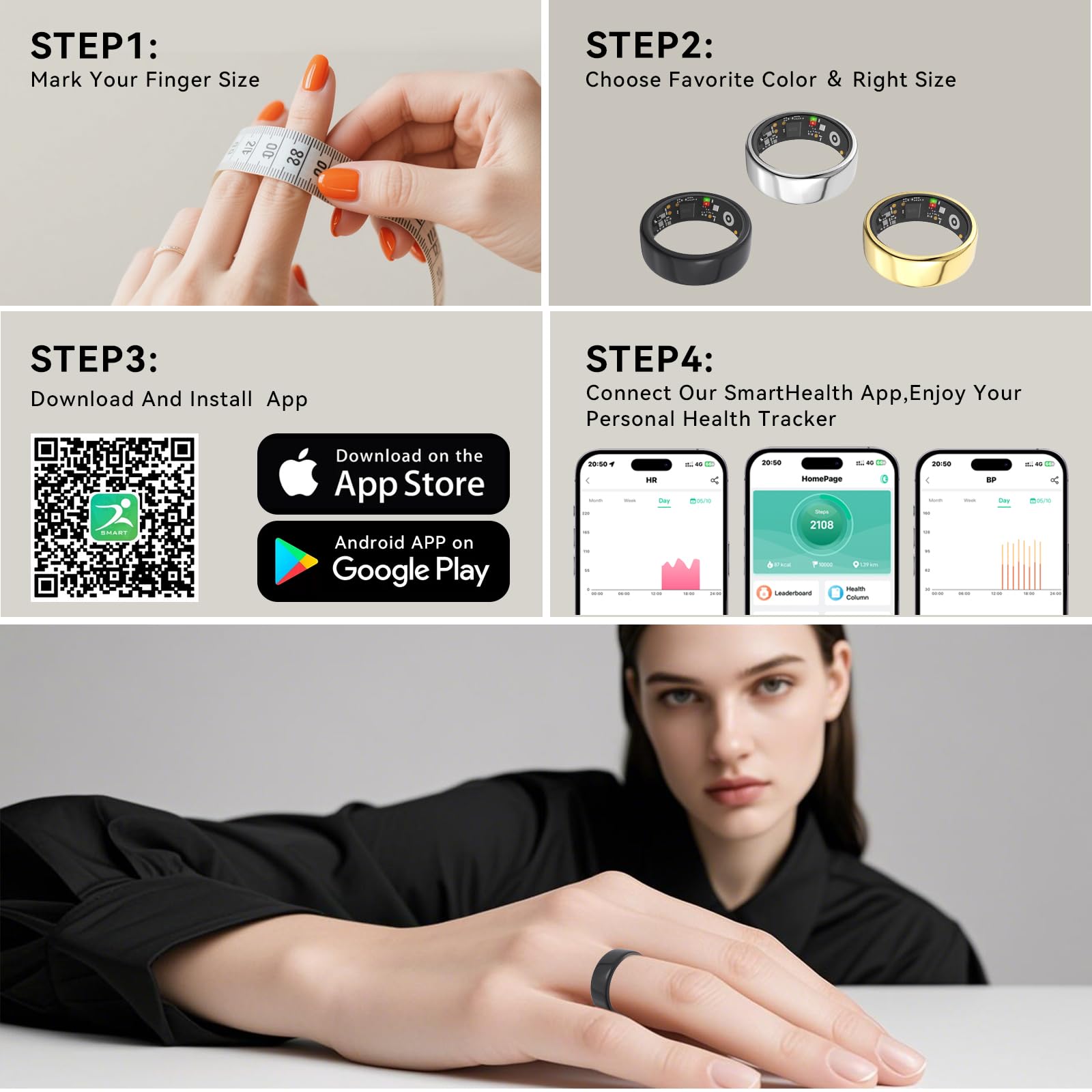 Smart Rings Heart Rate & Blood Oxygen Monitoring 5ATM Waterproof ...