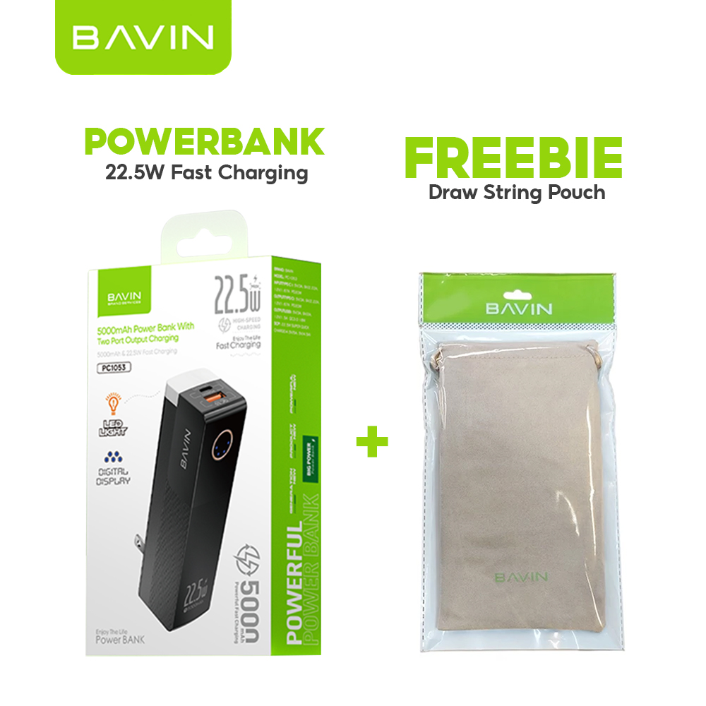 BAVIN PC1053 5000mAh Portable Fast Charging Powerbank 20W Input 22.5W Output & AC Plug (FREE ...