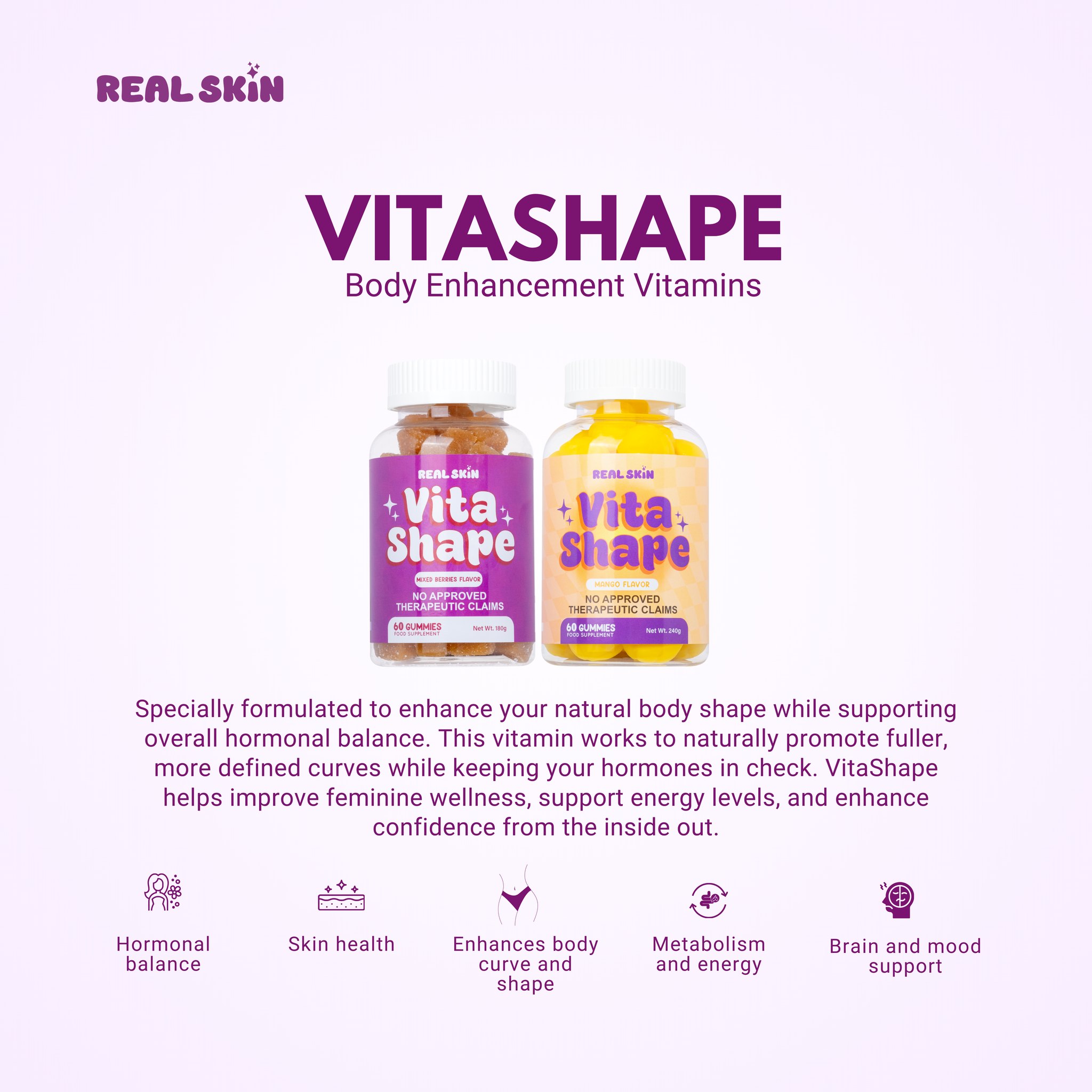 Real Skin VitaShape Gummies Mixed Berries/Mango All Natural Beauty ...