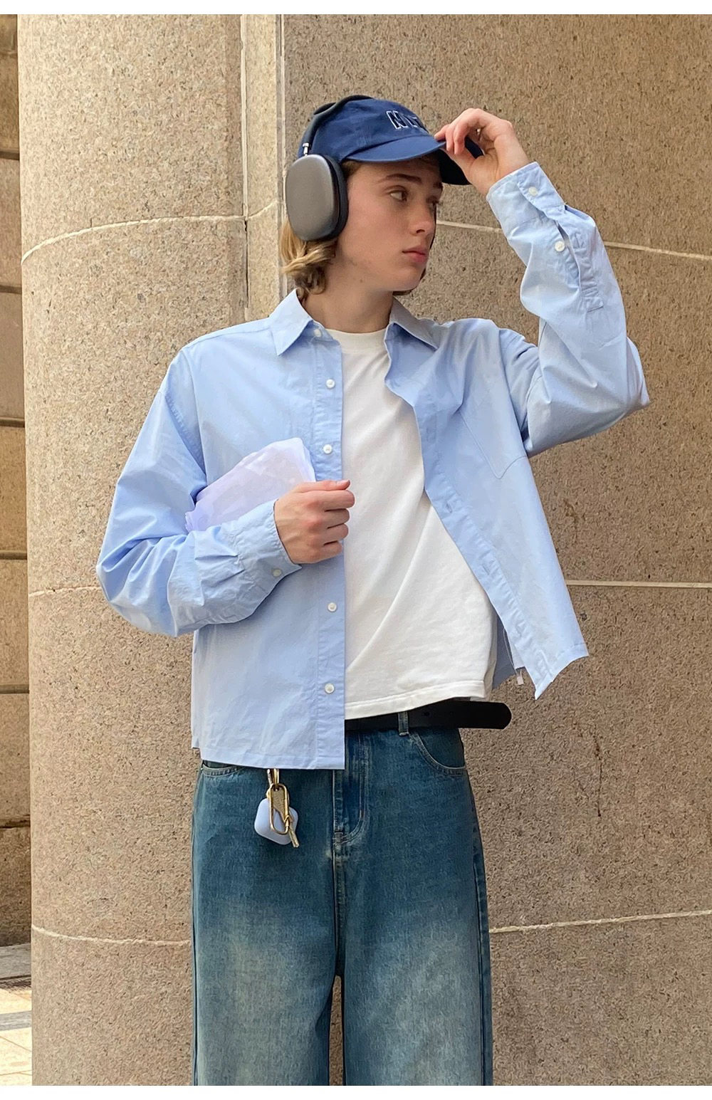 Mannered by HUILISHI Long Sleeve Boxy Cropped Polo for Men Plain Oxford ...