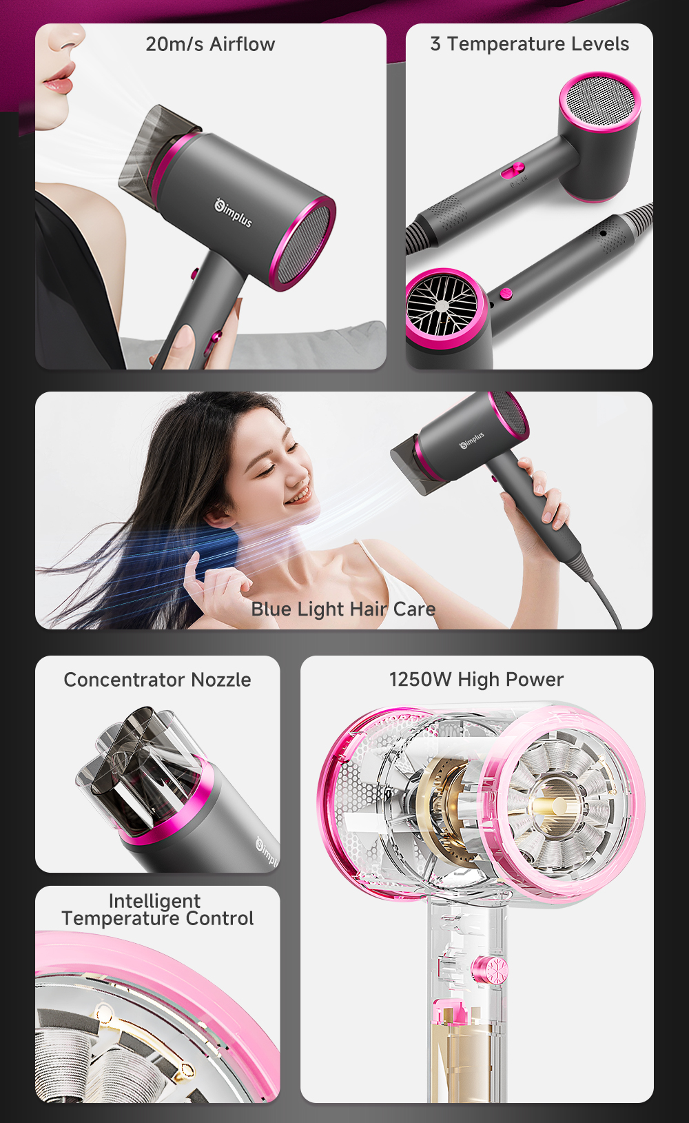 Simplus Hair Dryer Blower With Concentrator Nozzle 3 Temperature Levels ...