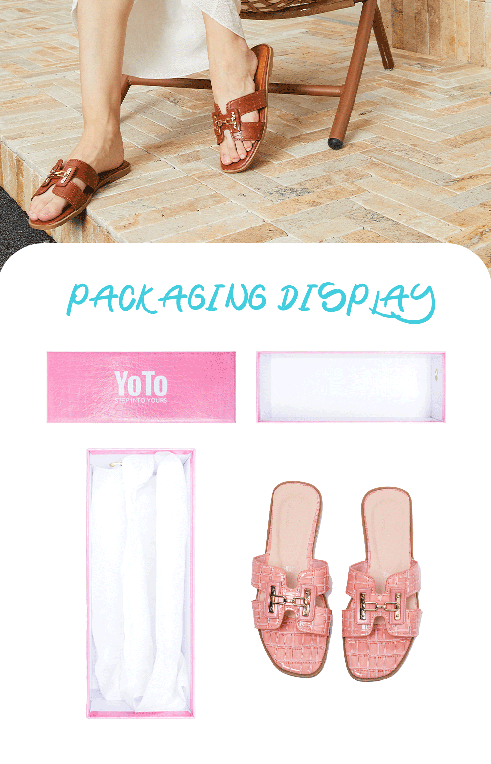 YOTO Women's Open Toe Flat Slide Sandals Fashion H-Strap with Metal Buckle One-Step Summer ...