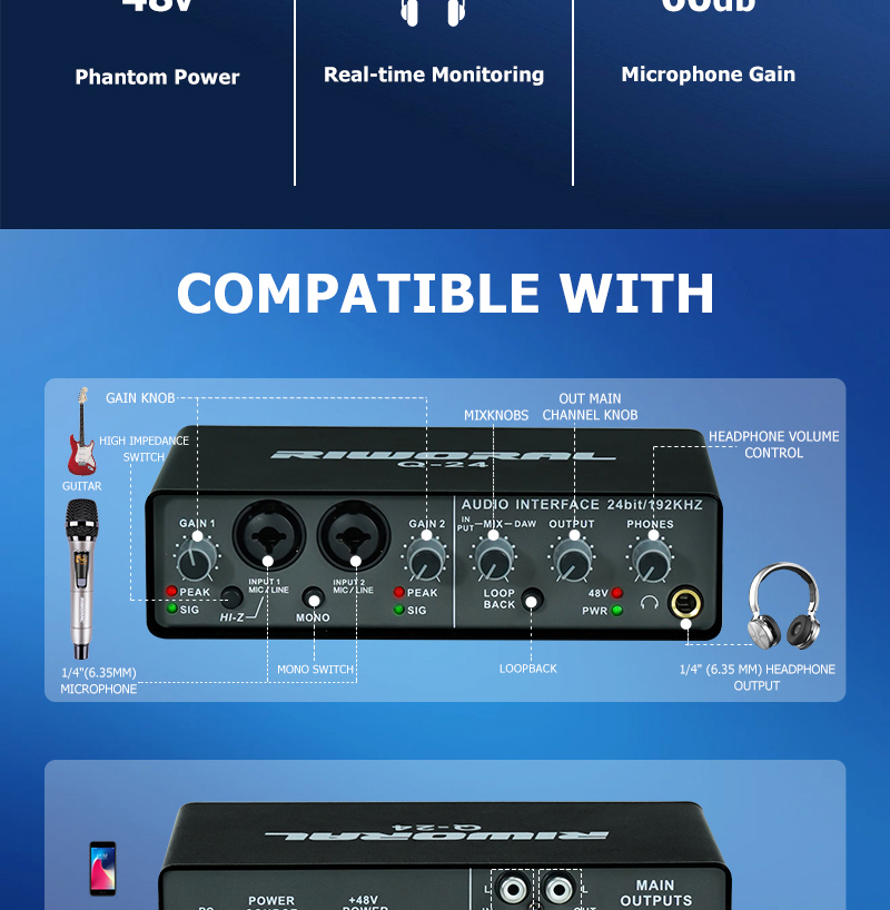 Audio Interface 24Bit/96kHz Used for Pc With XlR / 1/4 Inch Jack 2 ...