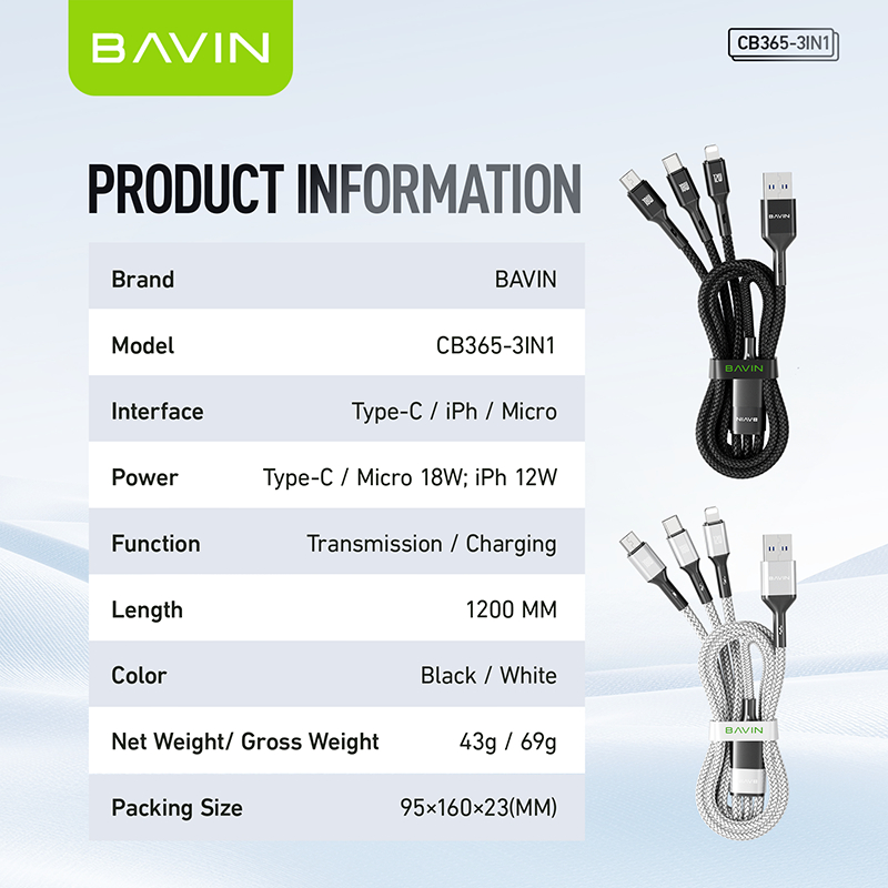 BAVIN CB365 3-in-1 Fast Charging Cable Nylon Braided 3A 480Mbps Data ...