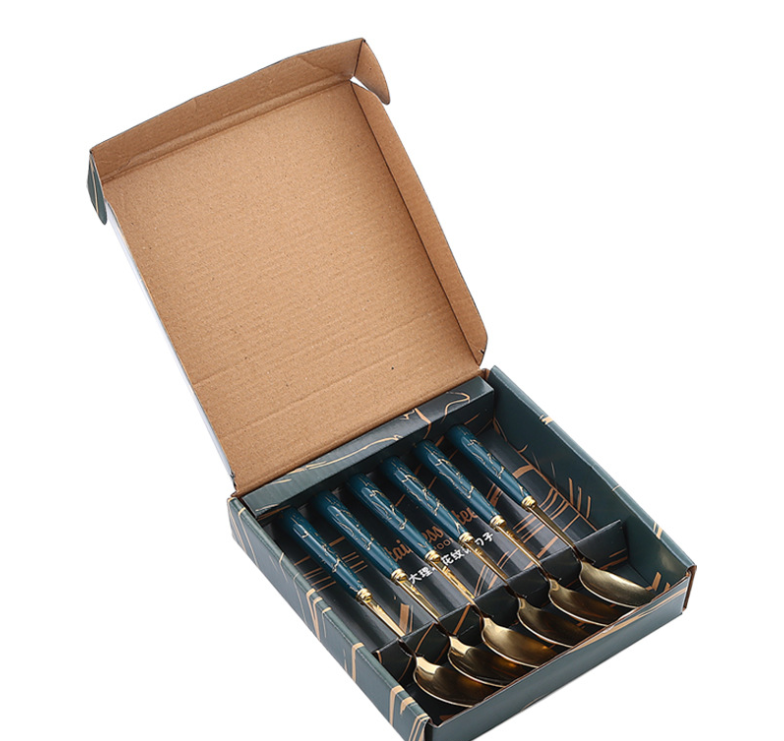 6Pcs dark green gold spoon gift box set stainless steel spoon stainless ...