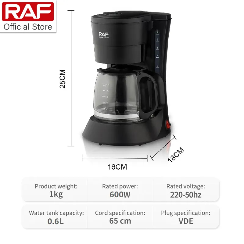 RAF Espresso Coffee Maker 6 Cups Coffee Machine 600W 0.6L Glass Carafe ...
