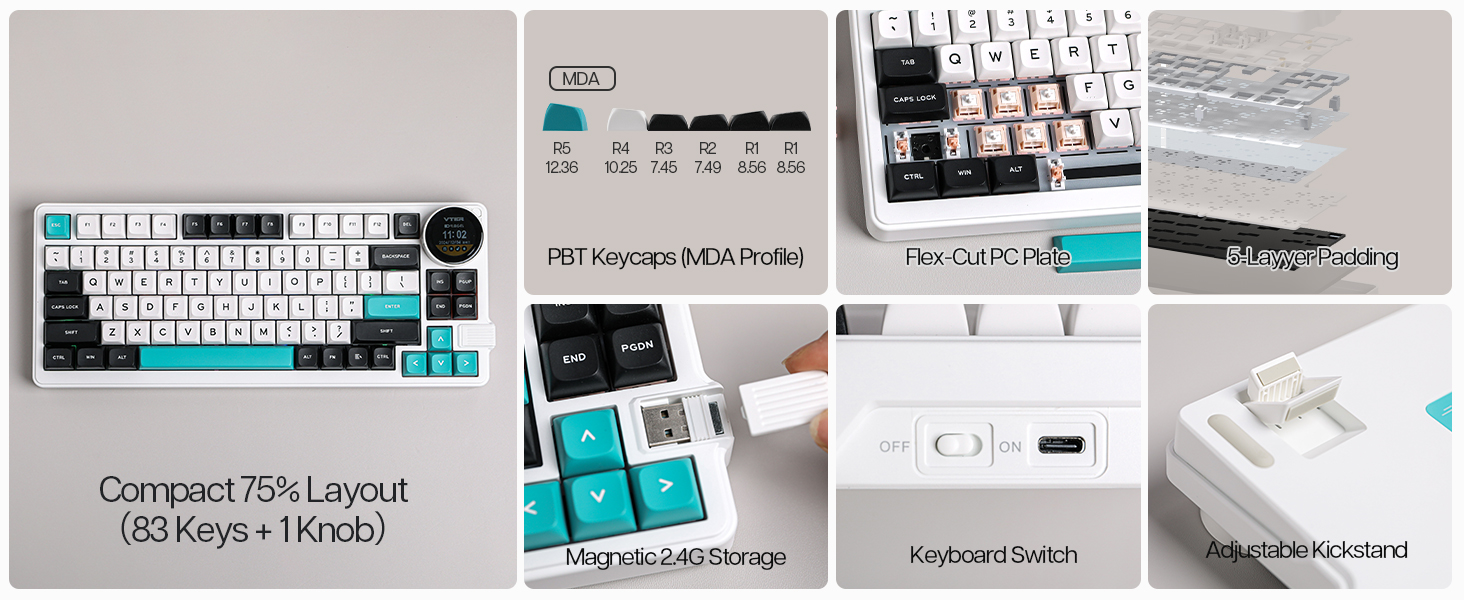 VTER K75 Lite Gasket Mechanical Keyboard 3-Mode Hot-Swappable RGB ...