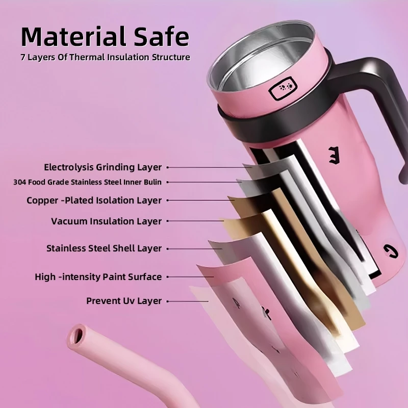 1200ml 40oz Black & Pink Thermal Water Bottle Stainless Steel Tumbler ...